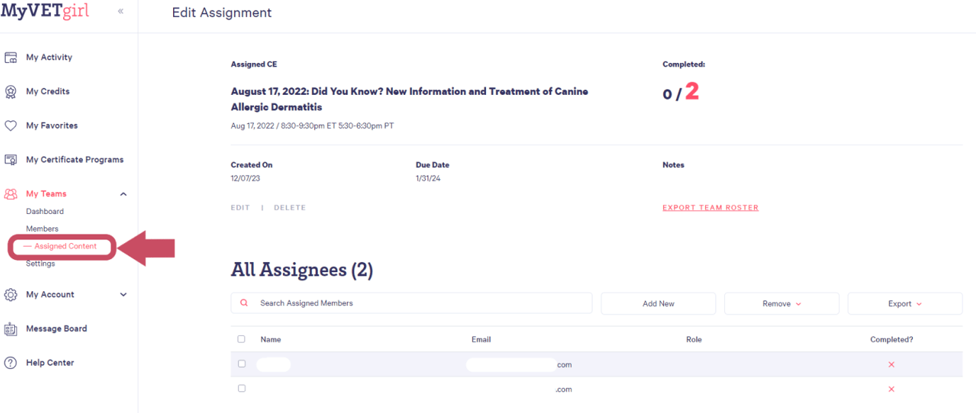 How do I remove team members from an assignment?